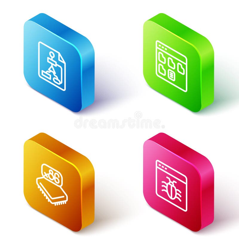 Set Isometric Line Flowchart Browser Files Processor With Microcircuits Cpu And System Bug 5431