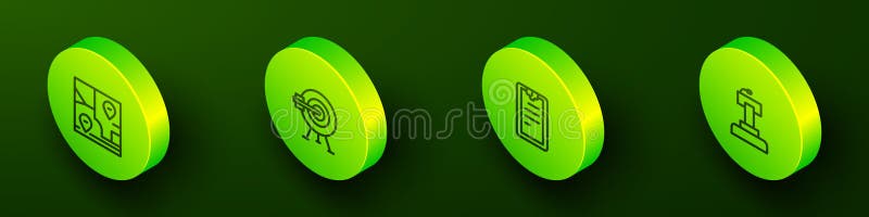 Set Isometric Line Folded Map with Location, Target Arrow, Clipboard ...