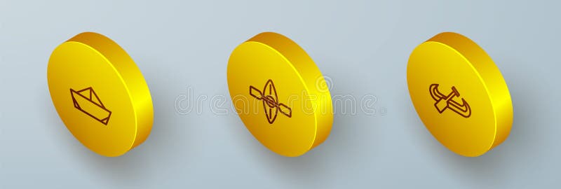 Set Isometric Line Folded Paper Boat, Kayak and Paddle and Icon. Vector ...