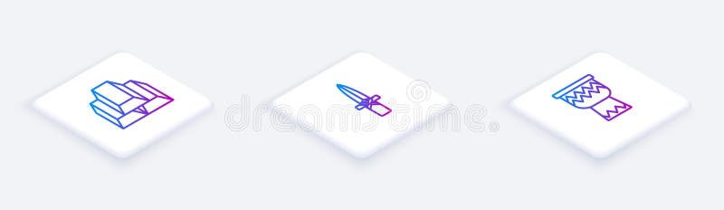 Set Isometric Line Gold Bars, Dagger and Drum. White Square Button ...