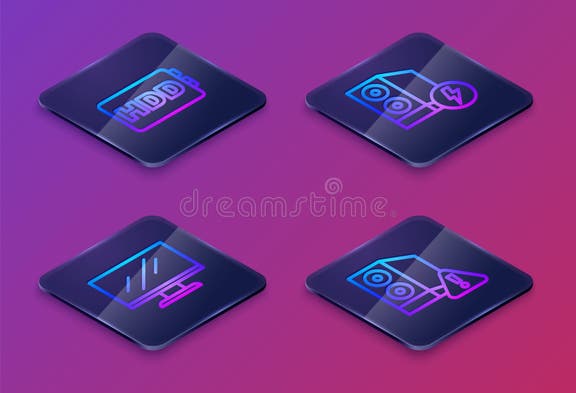 Set Isometric Line Hard Disk Drive HDD, Computer Monitor Screen, Case ...