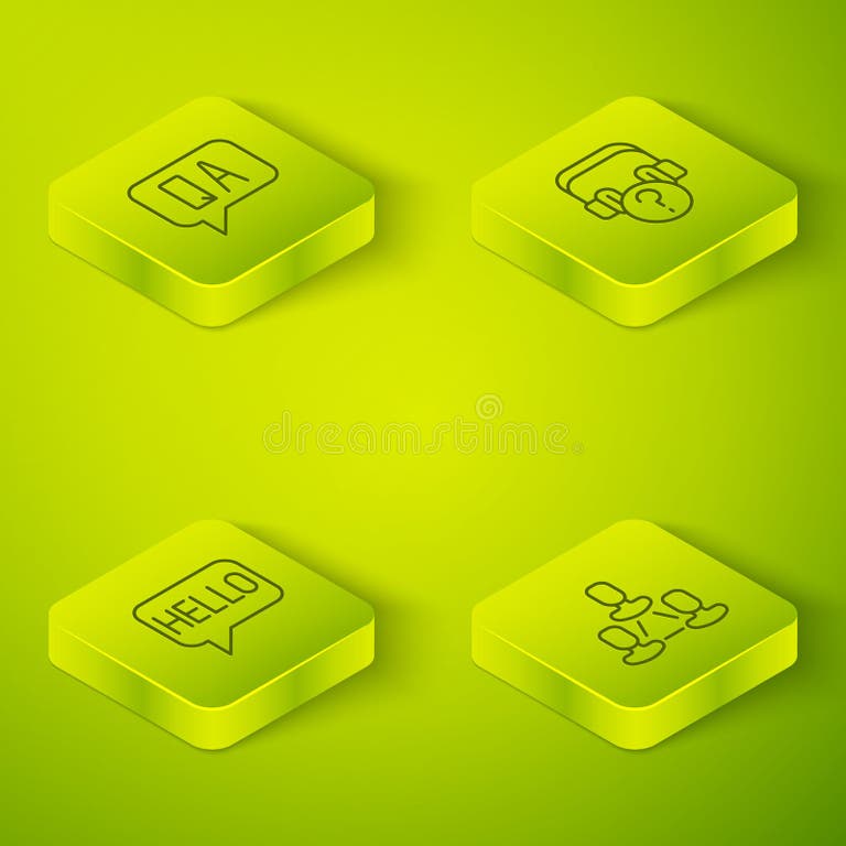 Set Isometric Line Headphones with Question, Hello in Different ...