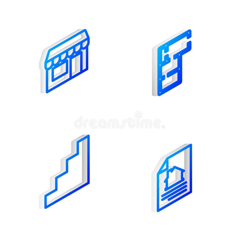 Set Isometric Line House Plan, Market Store, Staircase and Contract ...