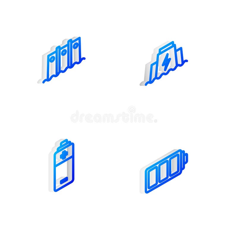 Set Isometric Line Hydroelectric Dam, , Battery and Icon. Vector Stock ...
