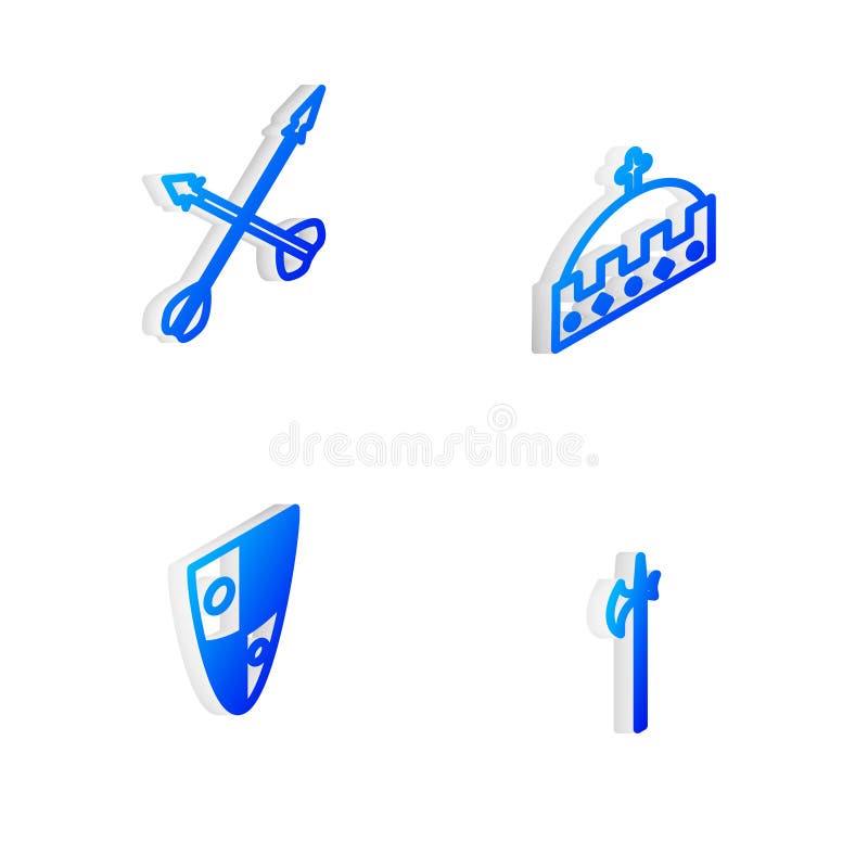 Set Isometric Line King Crown, Medieval Crossed Arrows, Shield and ...