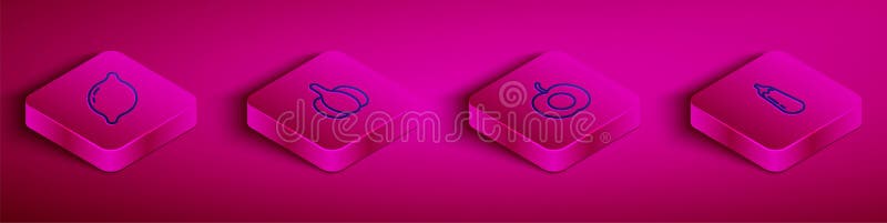 Set Isometric Line Lemon, Garlic, Peach Fruit and Eggplant Icon. Vector ...