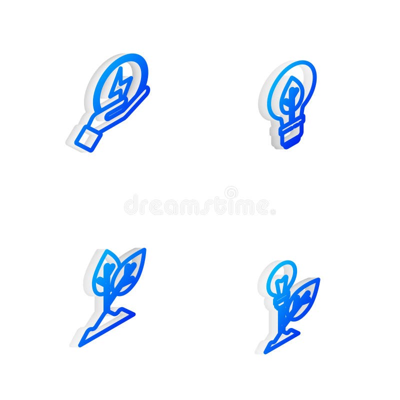 Set Isometric Line Light Bulb with Leaf, Lightning Bolt, Plant and Icon ...