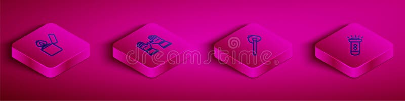 Set Isometric Line Lighter, Firefighter Gloves, Burning Match with Fire ...