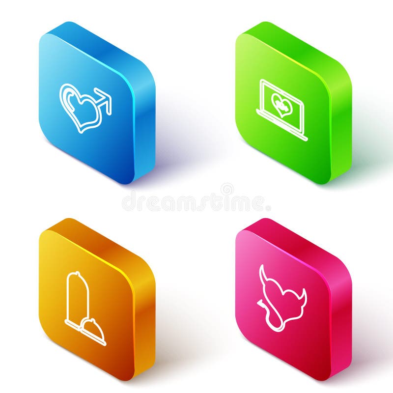 Set Isometric Line Male Gender And Heart Laptop With 18 Plus Content