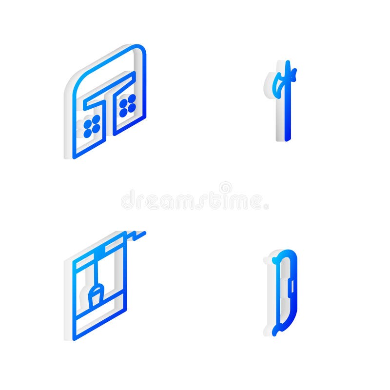 Set Isometric Line Medieval Halberd, Iron Helmet, Well with Bucket and ...