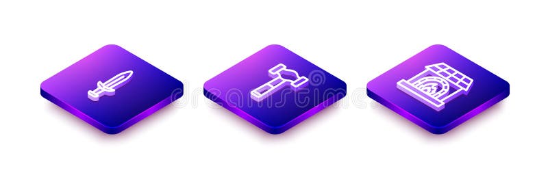 Set Isometric Line Medieval Sword, Hammer and Blacksmith Oven Icon ...