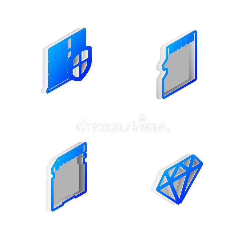 Set Isometric Line Micro SD Memory Card, Server with Shield, and ...