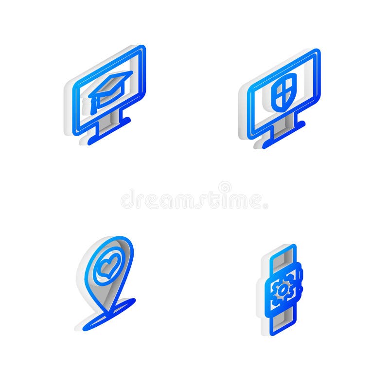 Set Isometric Line Monitor and Shield, with Graduation Cap, Map Pointer ... Set Isometric Line Monitor and Shield, with Graduation Cap, Map Pointer ...