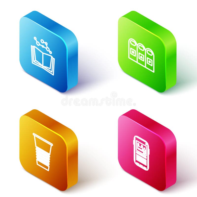 Set Isometric Line Open Book, Trash in Garbage Cans Sorted, Paper Glass ...