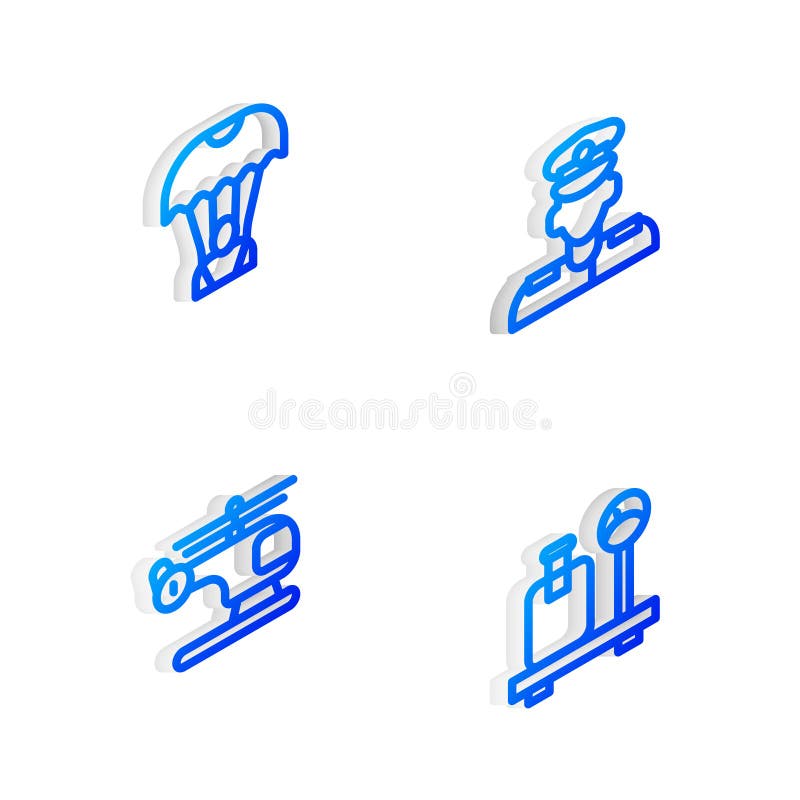 Set Isometric Line Pilot, Parachute, Helicopter and Scale with Suitcase ...