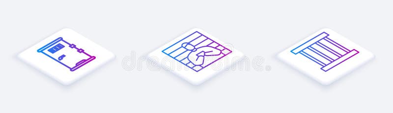 Set Isometric Line Prison Cell Door, Suspect Criminal and Prison Window ...