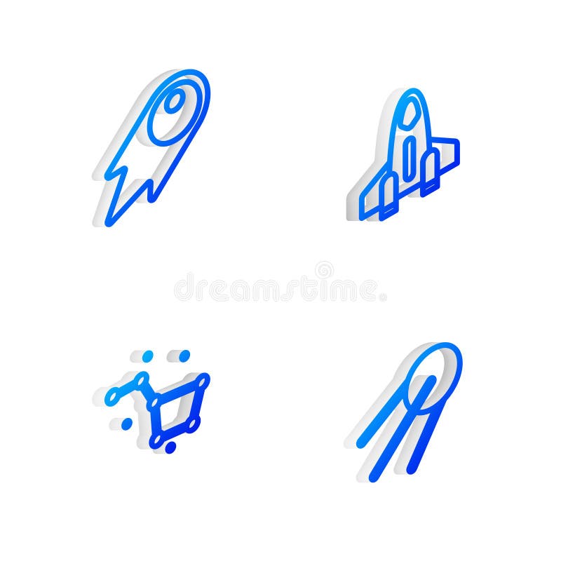 Set Isometric Line Rocket Ship, Comet Falling Down Fast, Great Bear ... Set Isometric Line Rocket Ship, Comet Falling Down Fast, Great Bear ...