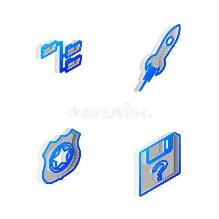 Set Isometric Line Rocket Ship with Fire, Folder Tree, Police Badge and Unknown Document Icon ...