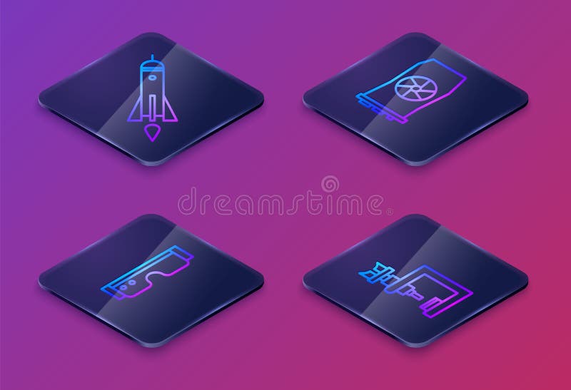 Set Isometric Line Rocket Ship with Fire, Smart Glasses, Video Graphic ... Set Isometric Line Rocket Ship with Fire, Smart Glasses, Video Graphic ...