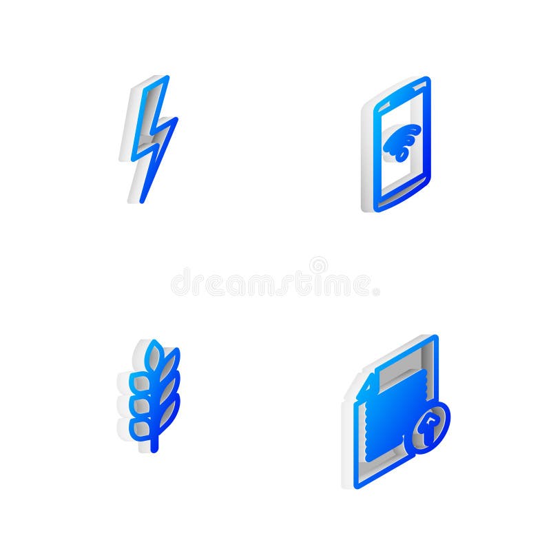 Set Isometric Line Smartphone with Wireless, Lightning Bolt, Wheat and ...