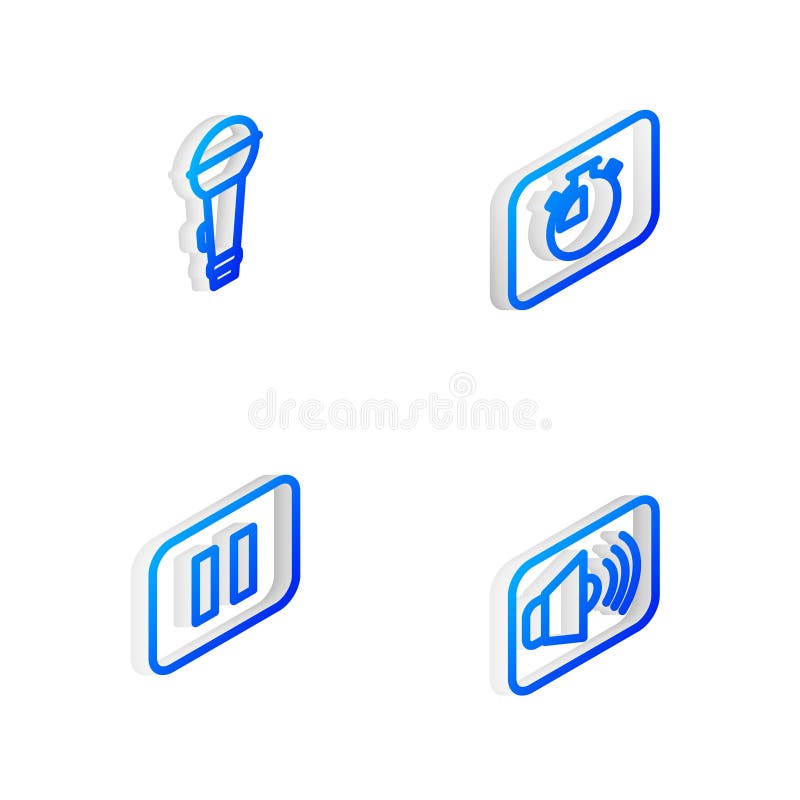 Set Isometric Line Stopwatch, Microphone, Pause Button and Speaker ...