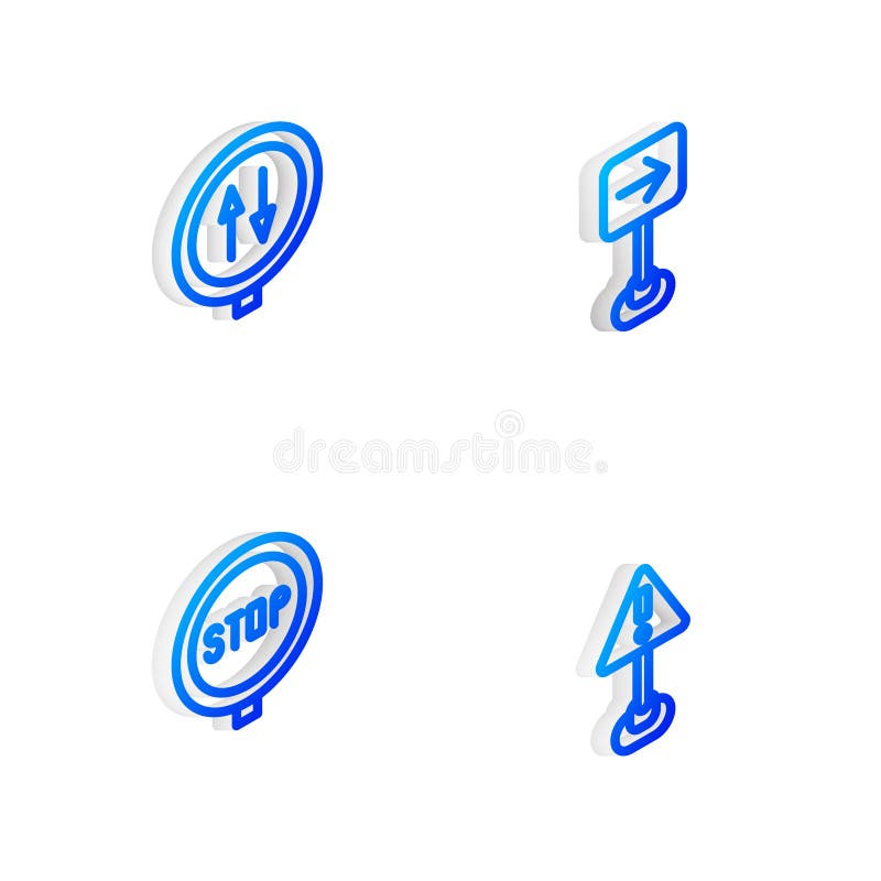 Set Isometric Line Traffic Sign Turn Right, Road Warning Two Way ... Set Isometric Line Traffic Sign Turn Right, Road Warning Two Way ...