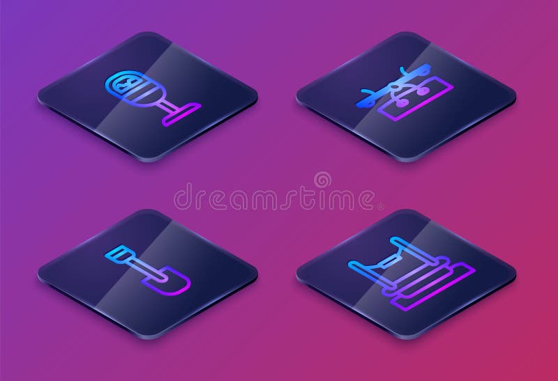 Set Isometric Line Trash Can, Shovel Toy, Seesaw and Bungee. Blue ...