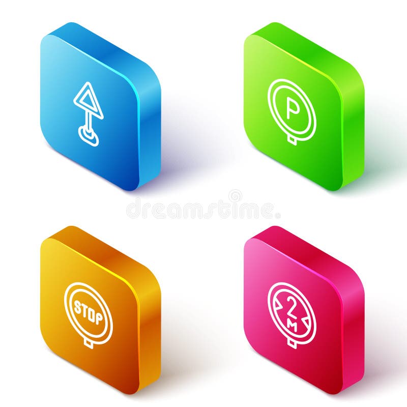 Set Isometric Line Triangle Warning Blank, Parking, Stop Sign and Road ...
