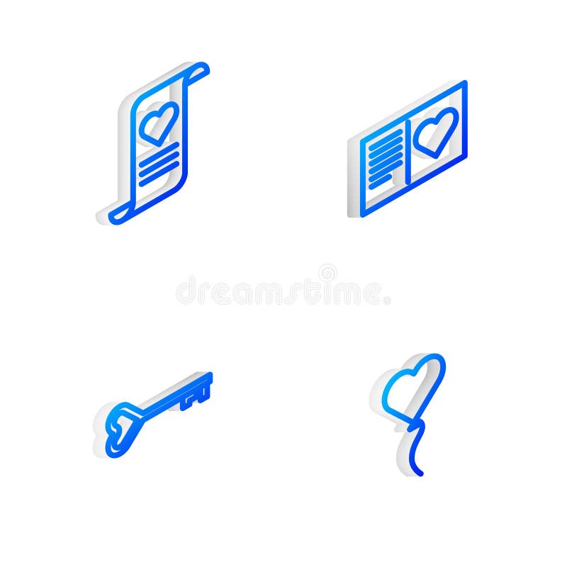 Set Isometric Line Valentines Day Flyer with Heart, Envelope, Key Shape ...