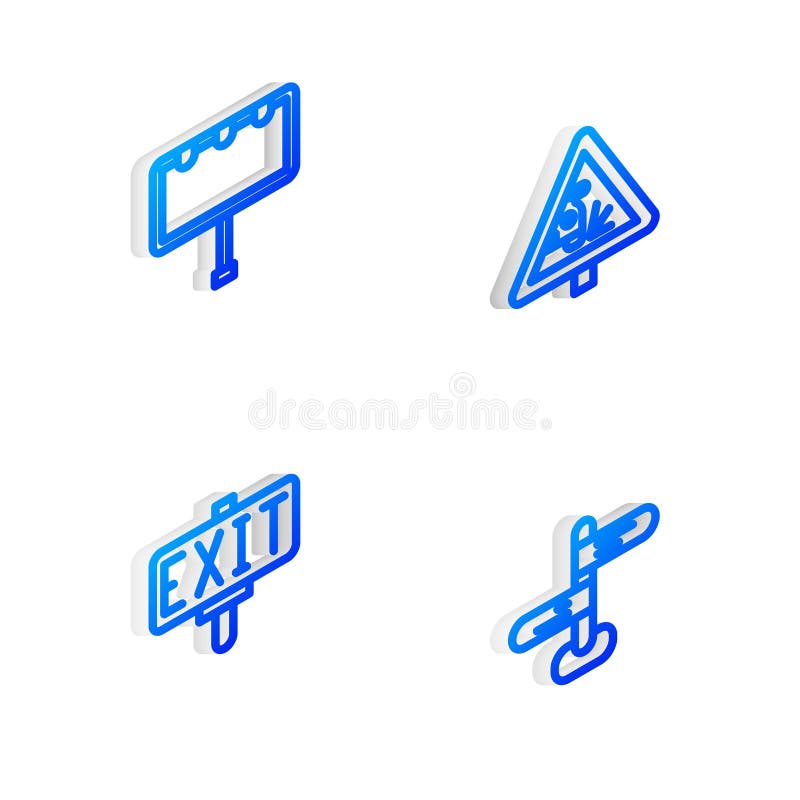 Set Isometric Line Warning Road Sign, Billboard with Lights, Fire Exit ...