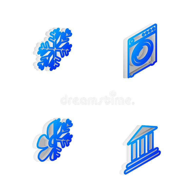 Set Isometric Line Washer, Snowflake, Air Conditioner and Bank Building ...