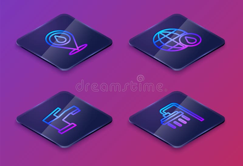 Set Isometric Line Water Drop with Location, Tap, Earth Planet in Water ...