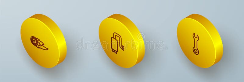 Set Isometric Line Wheel in Fire Flame, Car Muffler and Wrench Spanner ...