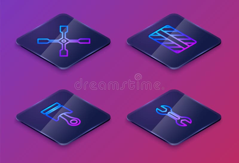 Set Isometric Line Wheel Wrench, Engine Piston, Car Tire Wheel and ...