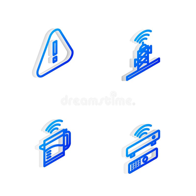 Set Isometric Line Wireless Antenna, Exclamation Mark in Triangle ...