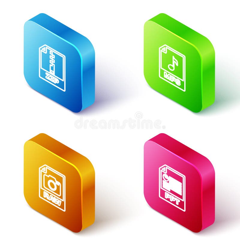 Set Isometric Line ZIP File Document, MP3, RAW and PPT Icon. Vector ...