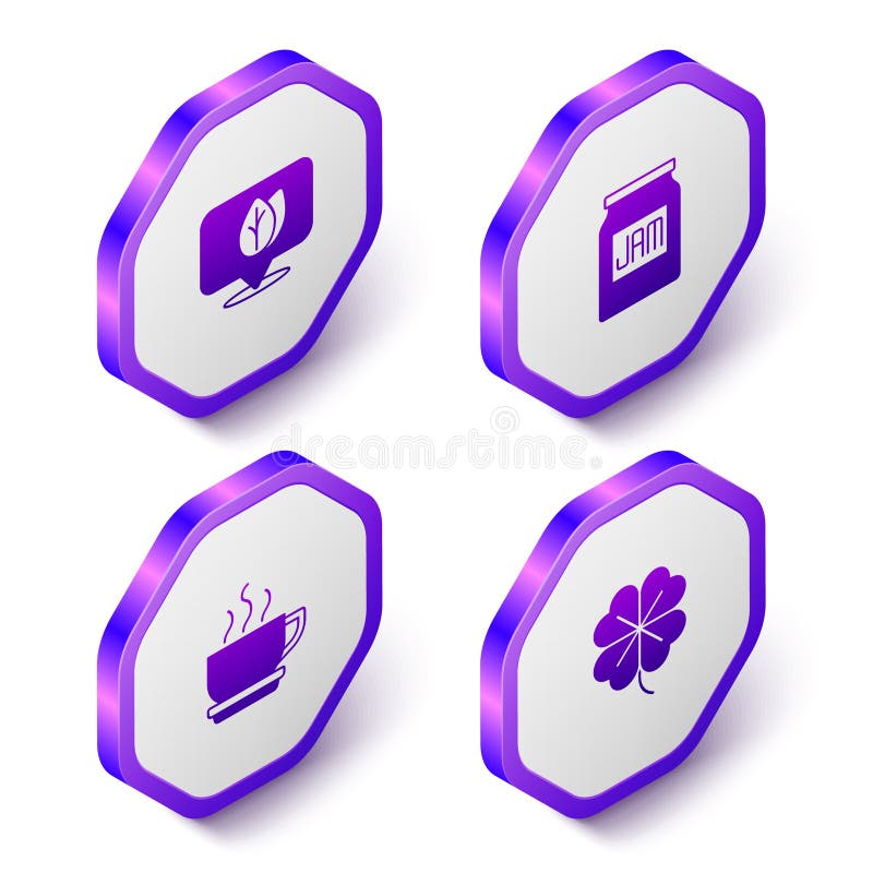 Set Isometric Location with Leaf, Jam Jar, Coffee Cup and Four Clover ...