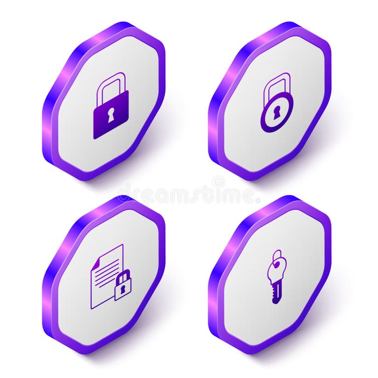 Set Isometric Lock, Document and Lock and Key Icon. Purple Hexagon ...