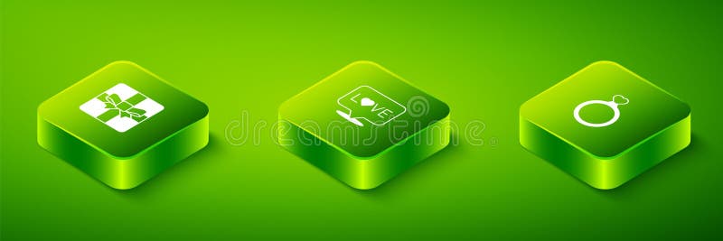 Set Isometric Love Text, Wedding Rings and Gift Box Icon. Vector Stock ...