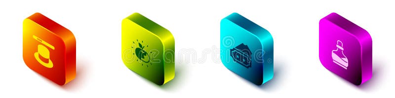 Set Isometric Magic Hat and Wand, Poison Apple, Ticket and Bottle with ...