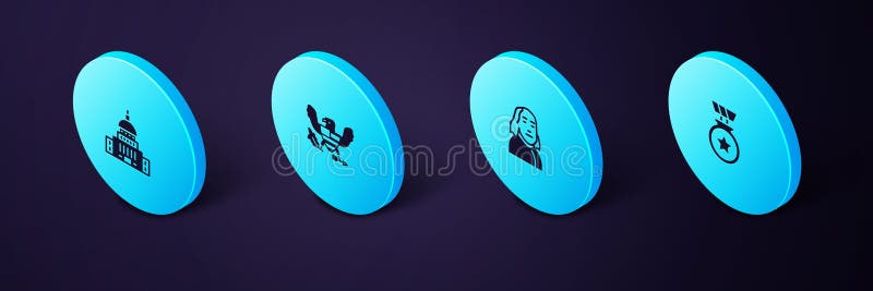 Set Isometric Medal with Star, Benjamin Franklin, Eagle and White House ...