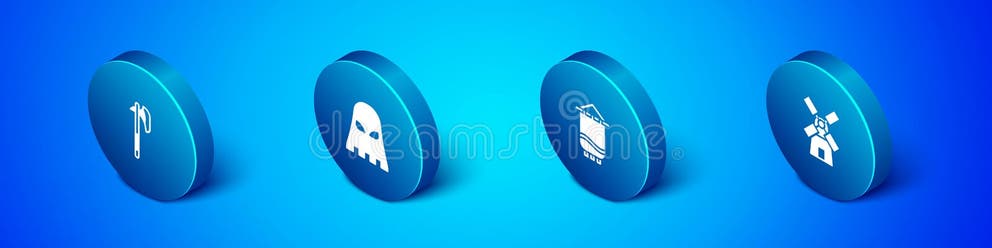 Set Isometric Medieval Axe, Flag, Windmill and Executioner Mask Icon ...