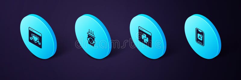 Set Isometric Mobile Apps Python Programming Language Coffee Cup To Go And Browser With Shield 2786