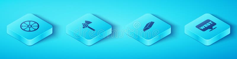 Set Isometric Old Wooden Wheel, Tomahawk Axe, Pointer To Wild West and ...