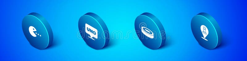 Set Isometric Pacman with Eat, Checker Game Chips, Chess and Uno Card ...