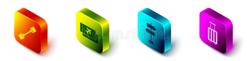 Set Isometric Paddle, Airline Ticket, Road Traffic Sign and Suitcase ...