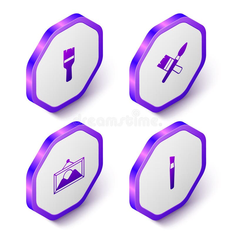 Set Isometric Paint Brush, Picture Landscape and Icon. Purple Hexagon ...