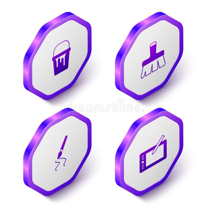 Set Isometric Paint Bucket, Brush, and Graphic Tablet Icon. Purple ...