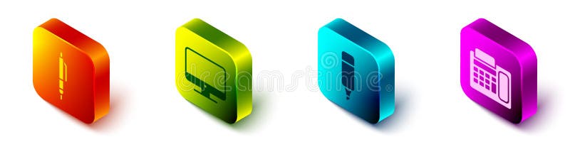 Set Isometric Pen, Computer Monitor Screen, Marker Pen and Telephone ...
