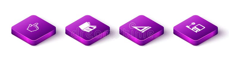Set Isometric Pixel Hand Cursor, Open Book, Triangular Ruler and Bus ...